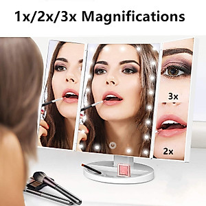 Flymiro Tri-fold Lighted Vanity Makeup Mirror with 3x/2x/1x Magnification, 21Leds Light and Touch Screen,180 Degree Free Rotation Countertop Travel Cosmetic Mirror (White)