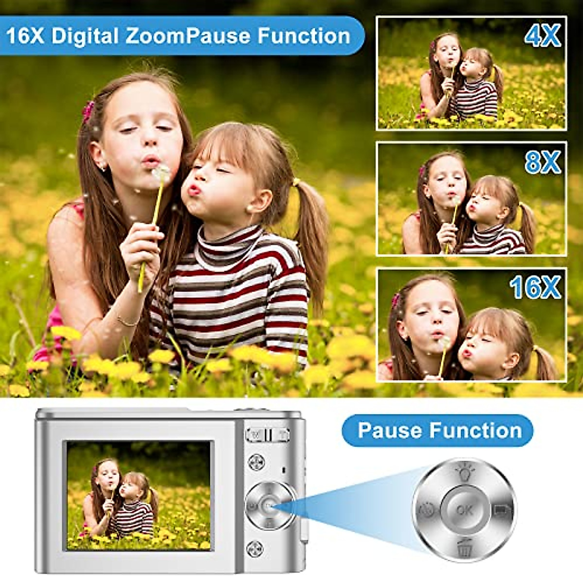Digital Baby Camera for Kids Boys Girls Adults,1080P 48MP Kids Camera with 32GB SD Card,2.4 Inch Kids Digital Camera with 16X Digital Zoom, Compact Mini Camera Kid Camera for Kids/Teens（Silver）