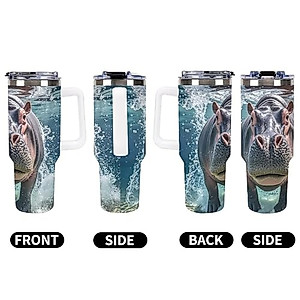 FHECVBN White 40 Oz Insulated Tumbler with Handle Diving Hippo Printed Leakproof Water Bottle Coffee Mug Car Cup for Gym Outdoors Commute Work