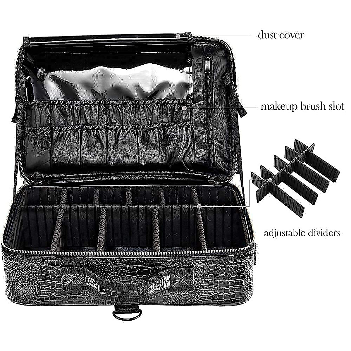 gzcz Large Makeup Train Case Professional 16" Travel Makeup Cosmetic Bag Organizer Portable PU Leather Makeup Storage Case Artist Box with Adiustable Dividers & Strap (L-Crocodile Pattern)