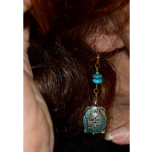 Elaine Coyne Wearable Art Verdigris Patina Solid Brass Sea Turtle Dangle Earrings - Turquoise