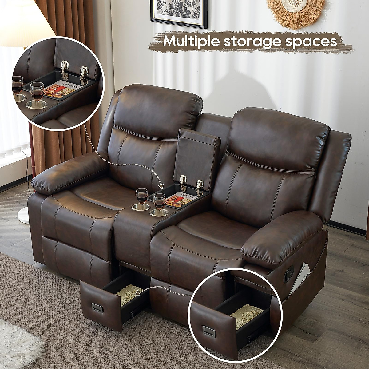 PALLOME Loveseat Recliner Sofa, PU Leather Sofa Couch, Manual Recliner Loveseat with Console, Double Reclining RV Sofa with Cup Holders and Side Pocket for Living Room/Office/Apartment (Brown)
