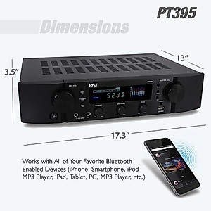 Pyle Updated Premium Pyle Stereo Preamplifier, Home Entertainment Receiver, Bluetooth Amp, RCA Audio Input, 2 Channel Amp, AM/FM Radio with LCD Display, MP3/USB/AUX, AC Power Cable PT395