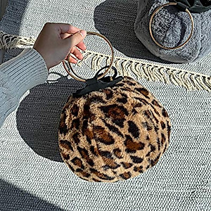Fur Round Top Handle Bag Women Purse Ring Handle Clutch Chain Shoulder Handbag (Leopard Print)