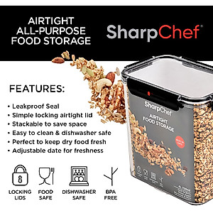 SharpChef Airtight Food Storage Container with Easy locking lids, Date Indicator, Leakproof, Kitchen Pantry Organization and Storage, Cereal, Flour & Sugar, Rice, Cookies, Candy, Pasta,BPA-Free (4L)