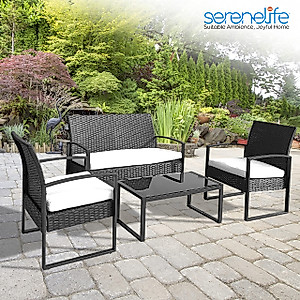SereneLife Outdoor Living Rattan Furniture, Includes 1 Double & 2 Single Chairs with Cushion & 1 Glass-top Coffee Table 4 Piece Conversation/Chat Set, (Back), Off Black