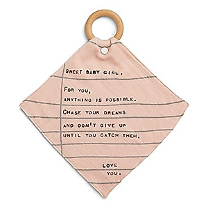 DEMDACO Dear You Sweet Baby Girl 10 x 10 Inch Pink Cotton and Wood Teether Ring Blankie