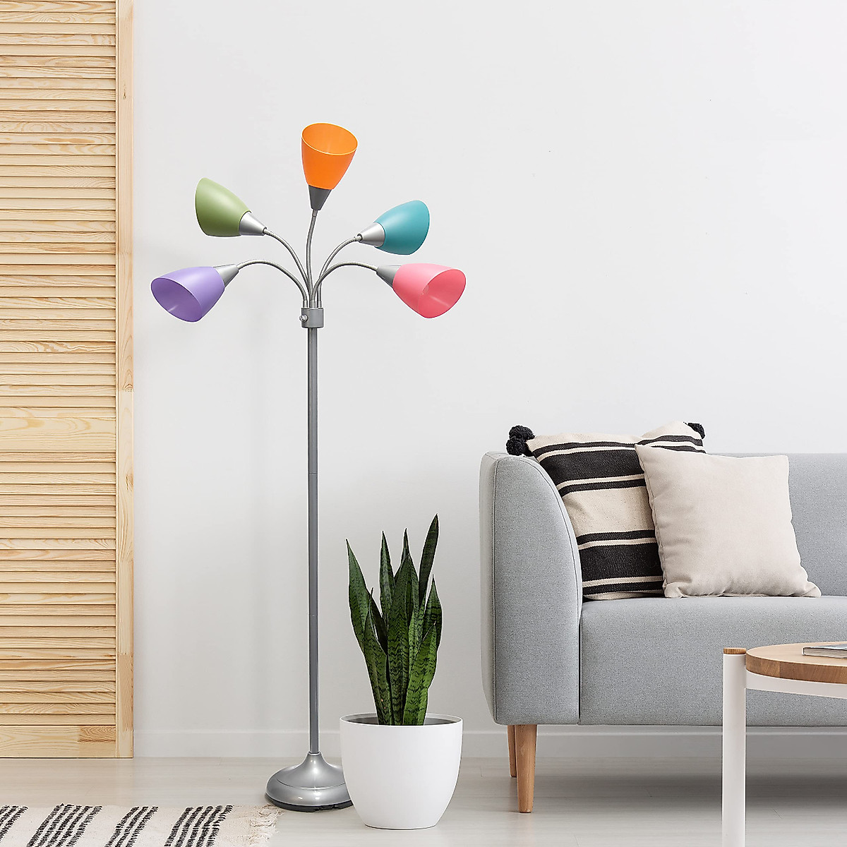 Simple Designs LF2006-SLM 67" Contemporary Multi Head Medusa 5 Light Adjustable Gooseneck Silver Floor Lamp with Fun Light Multicolored Shades for Kids Bedroom Playroom Living Room Office