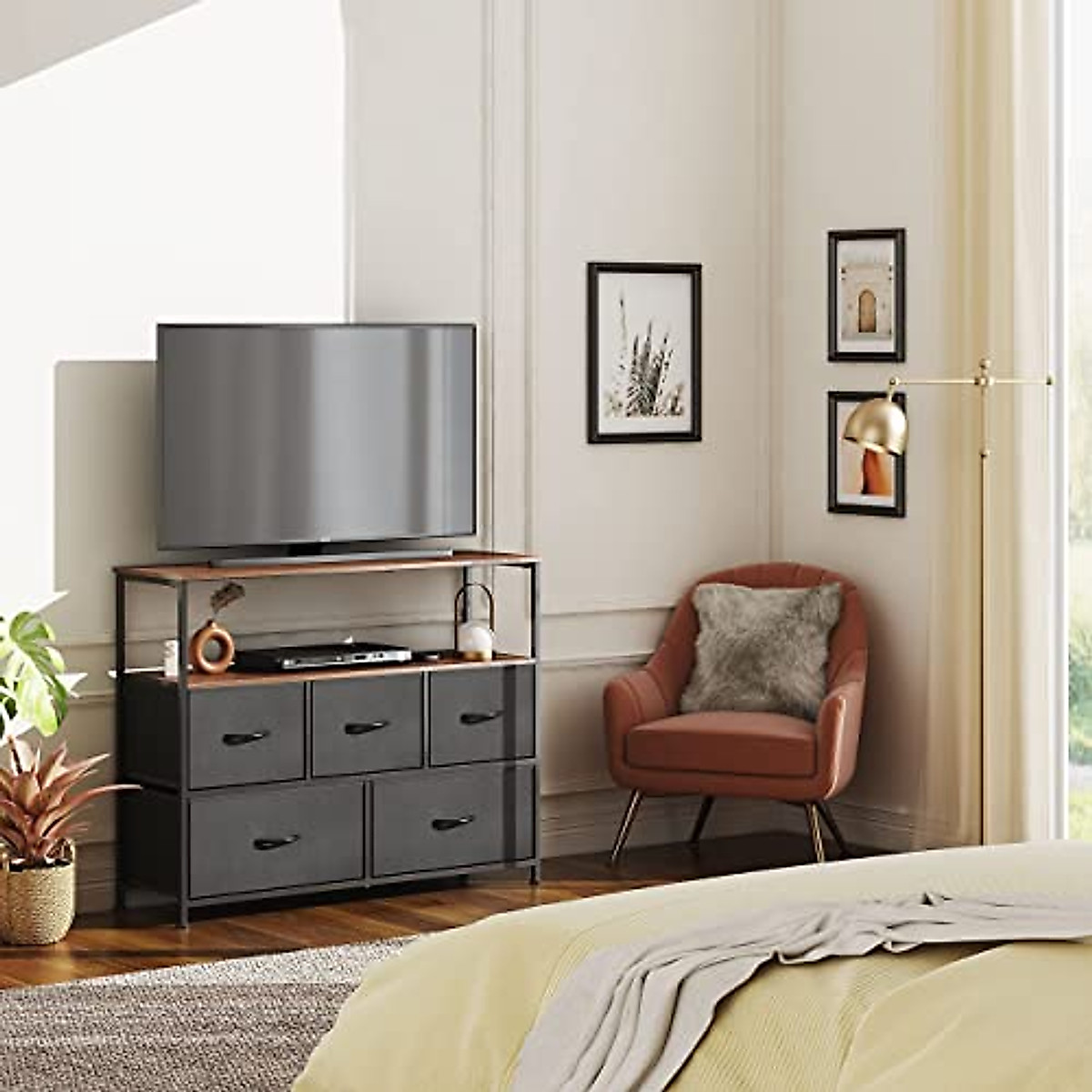 WLIVE 1-Drawer Nightstand and 5-Drawer Dresser TV Stand Set, Fabric Storage Tower for Bedroom, Hallway, Nursery, Closets, Tall Chest Organizer Unit with Textured Print Fabric Bins, Steel Frame