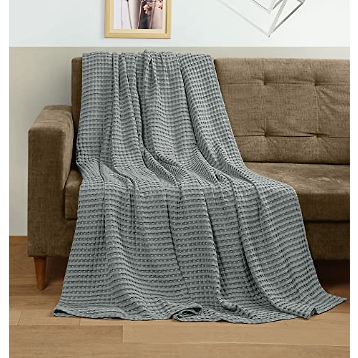 Utopia Bedding Cotton Waffle Blanket 300 GSM (Cool Grey - 90x90 Inches) Soft Lightweight Breathable Bed Blanket Queen Size Layering Any Bed for All Season