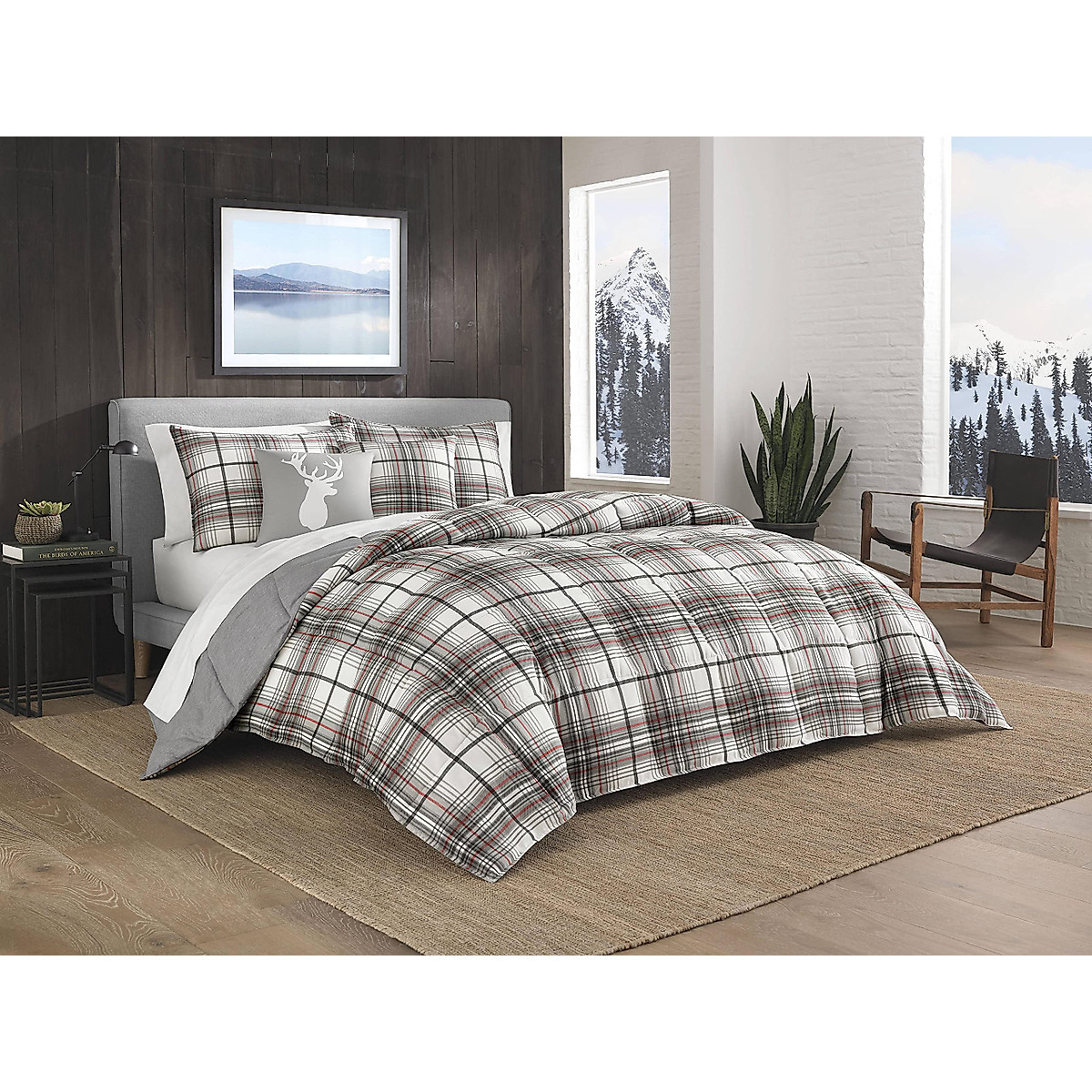 Eddie Bauer - King Duvet Cover Set, Cotton Reversible Bedding with Matching Shams, Plaid Home Decor for All Seasons (Alder Charcoal/Red, King)