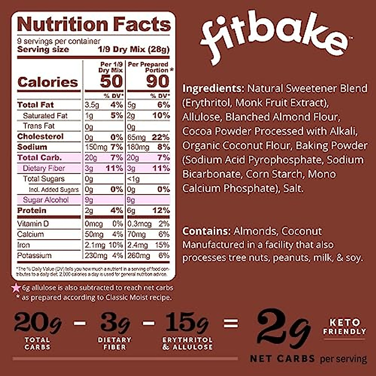 FitBake Chocolate Cake Baking Mix | 2g Net Carbs | Keto Friendly Low Carb Food | No Added Sugar Keto Snack | Zero Sugar & Gluten Free Desserts | Naturally Sweetened Cake Mixes Keto Food 8.75oz