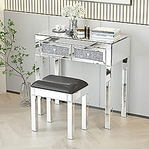 AUWHALEUS Mirrored Vanity Table Set, Crystal Diamond Decor Glass Makeup Table with PU Leather Cushion Stool & Tri-Fold Mirror for Bedroom (Vanity Table 3 Piece Set)