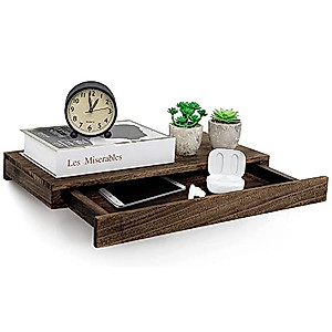 YICOCHI Floating Shelf with Drawer, Rustic Floating Nightstand Wall Mount, Wood Farmhouse Bedside Wall Shelf for Bedroom