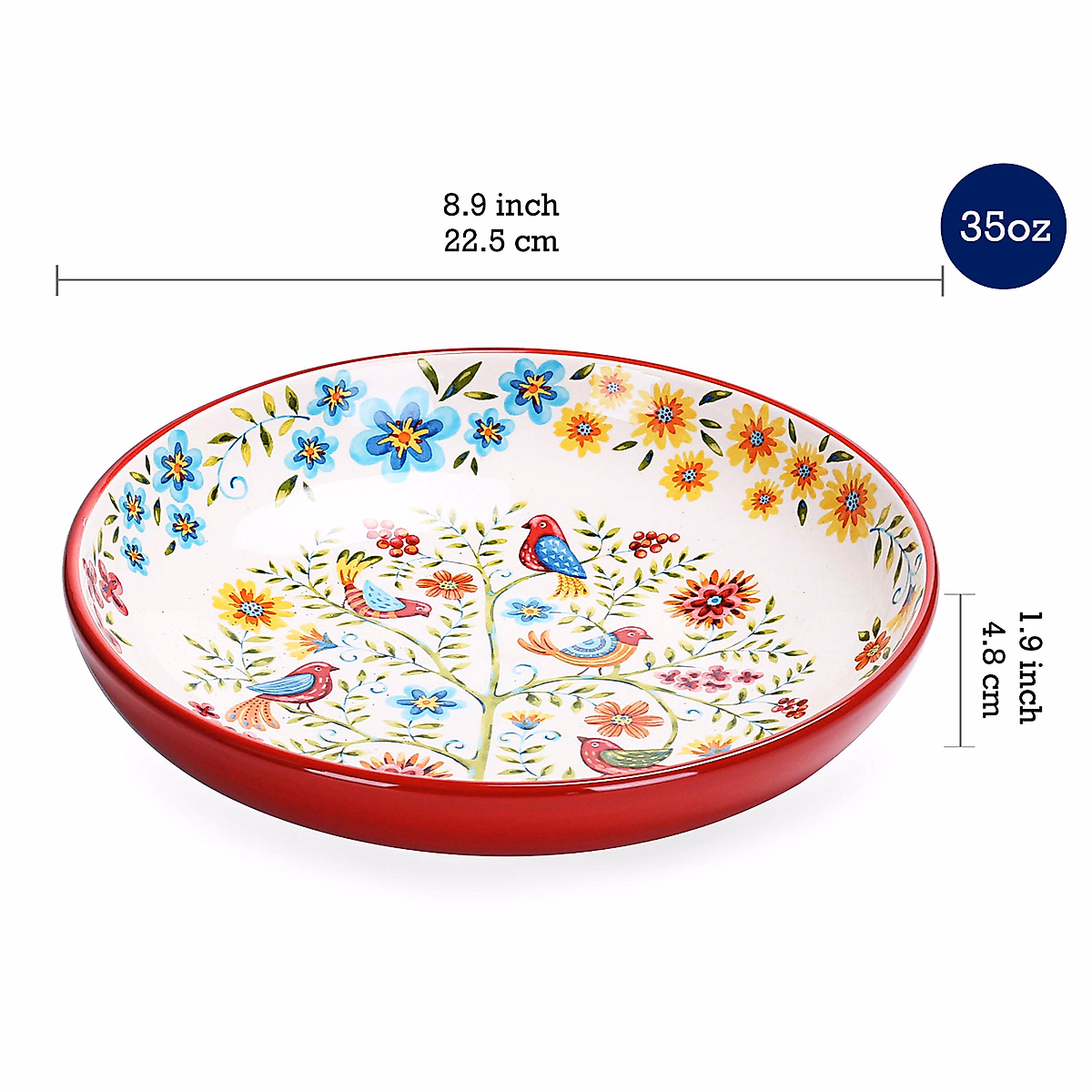 Bico Red Spring Bird Ceramic Pasta Bowl, Set of 9(1 unit 214oz, 8 units 35oz), for Pasta, Salad, Microwave & Dishwasher Safe