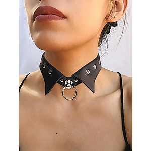 Urieo Gothic PU Leather Chokers Black Studded Collar Choker with O Ring Rock Choker Necklaces Adjustable Nightclub Party for Women Black