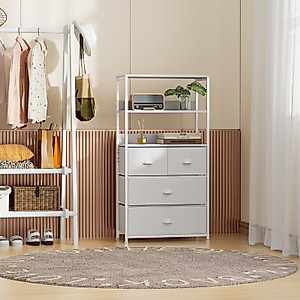 Furnulem White Dresser with 4 Fabric Bins, Tall Storage Tower with 3-Tier Shelf Vertical Standing Chest Organizer for Closet,Laundry,Bedroom,Living Room,Entryway (White)