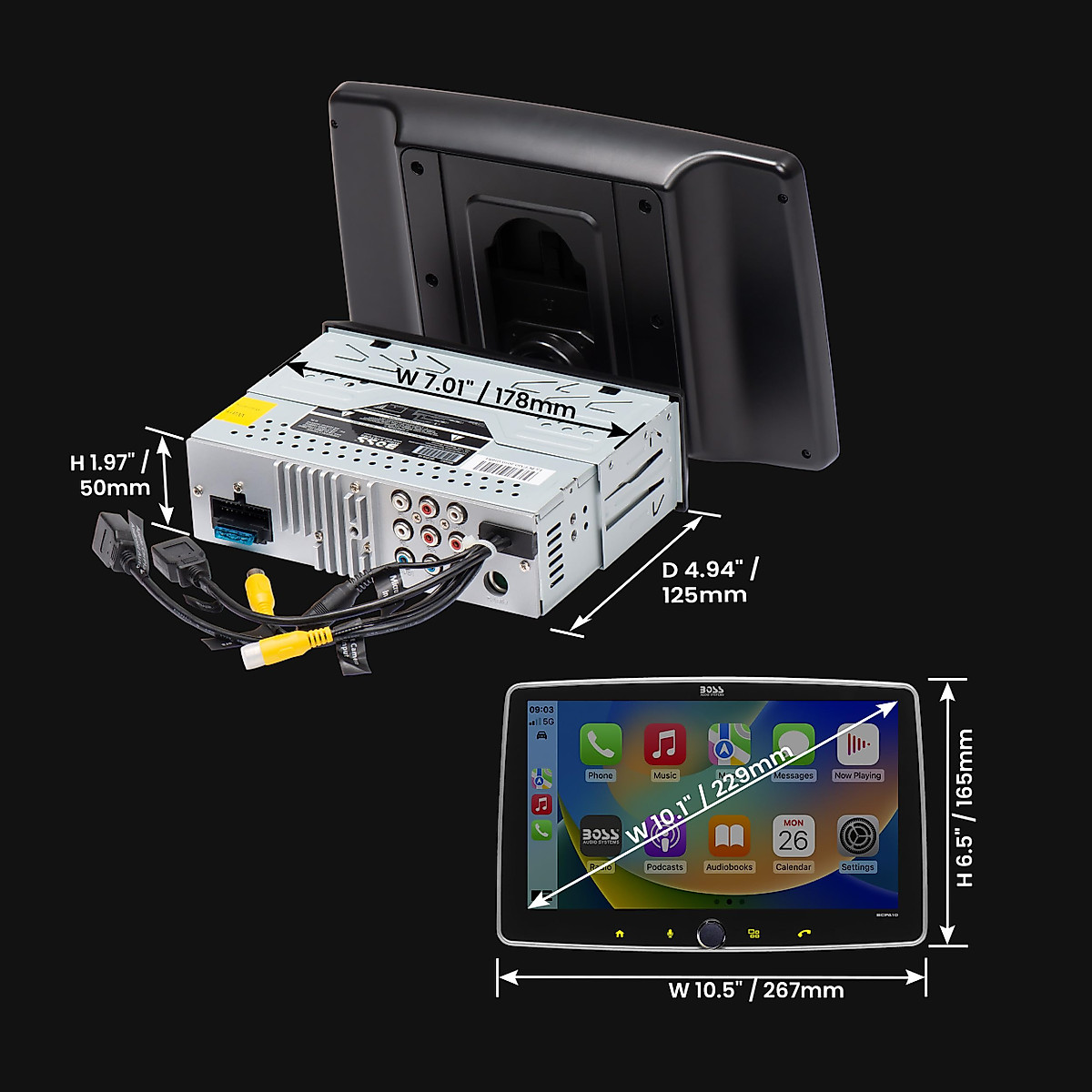 BOSS Audio Systems BCPA10RC Car Stereo - Apple CarPlay, Android Auto, Single Din, 10.1 Inch LCD Touchscreen, Bluetooth, No CD DVD Player, AM/FM Radio Receiver, Backup Camera