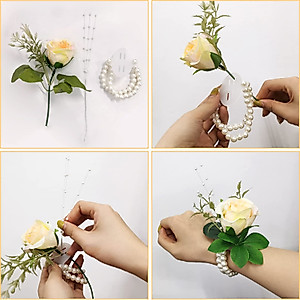 SNAIL GARDEN 12Pcs Elastic Pearl Wrist Corsage Bands, Wrist Corsage Bracelets with 12Pcs Pearl String, Faux Pearl Bead Corsage Accessories Bracelets for Wedding Prom Bride Bridesmaid Handmade Corsage