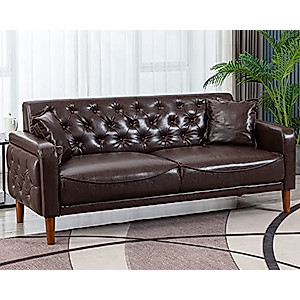 Aoowow Faux Leather Sofas and Couches 78 Inches Long, Mid Century Modern Couch Tufted Back Sofa with 2 Throw Pillows, Armrest and Wooden Legs for Living Room, Apartment, Bedroom (Brown)