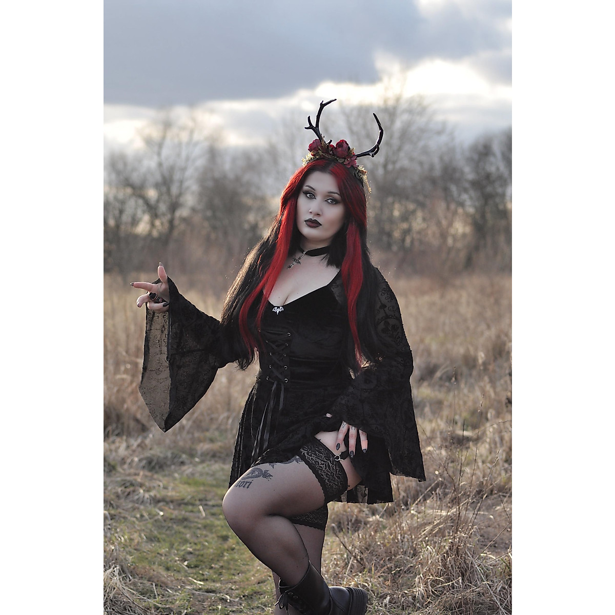 MOSTORY Handmade Dark Antler Flower Headband Fairy Floral Headpiece Black Horns Hairband Medieval Woodland Crown for Renaissance Festival Cosplay Halloween Wedding Fae Ball Masquerade