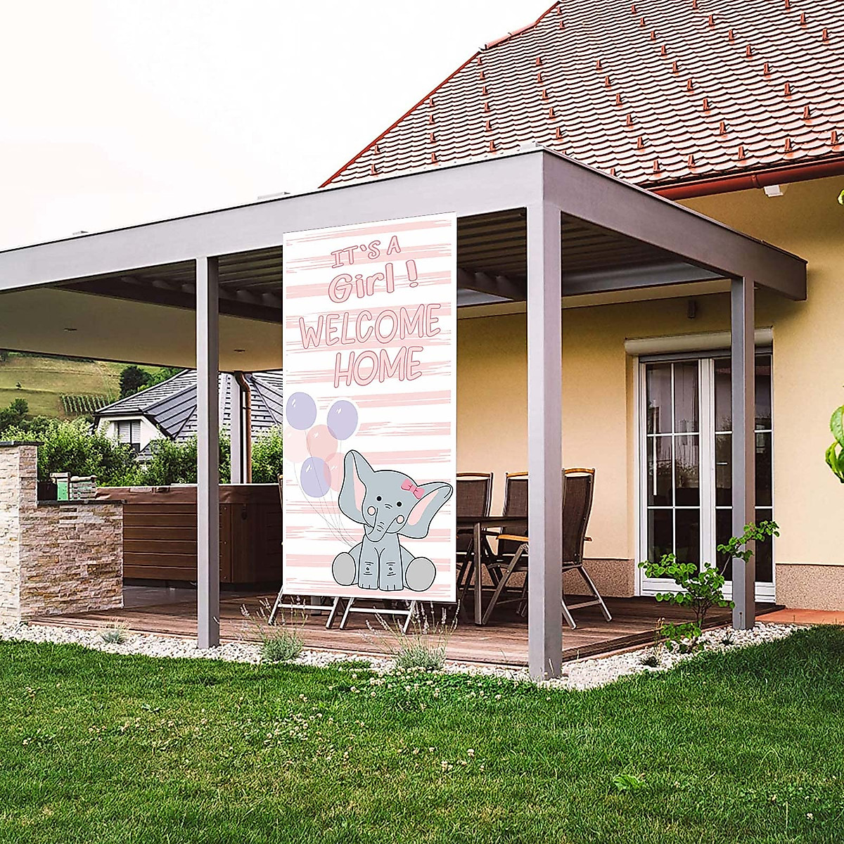 It’s A Girl Welcome Home Cute Cartoon Elephant Banner Animal Theme Decorations Decor for Girl Princess Wild One Safari Baby Shower 1st Birthday Party Gender reveal Supplies Photo Booth Props Backdrop