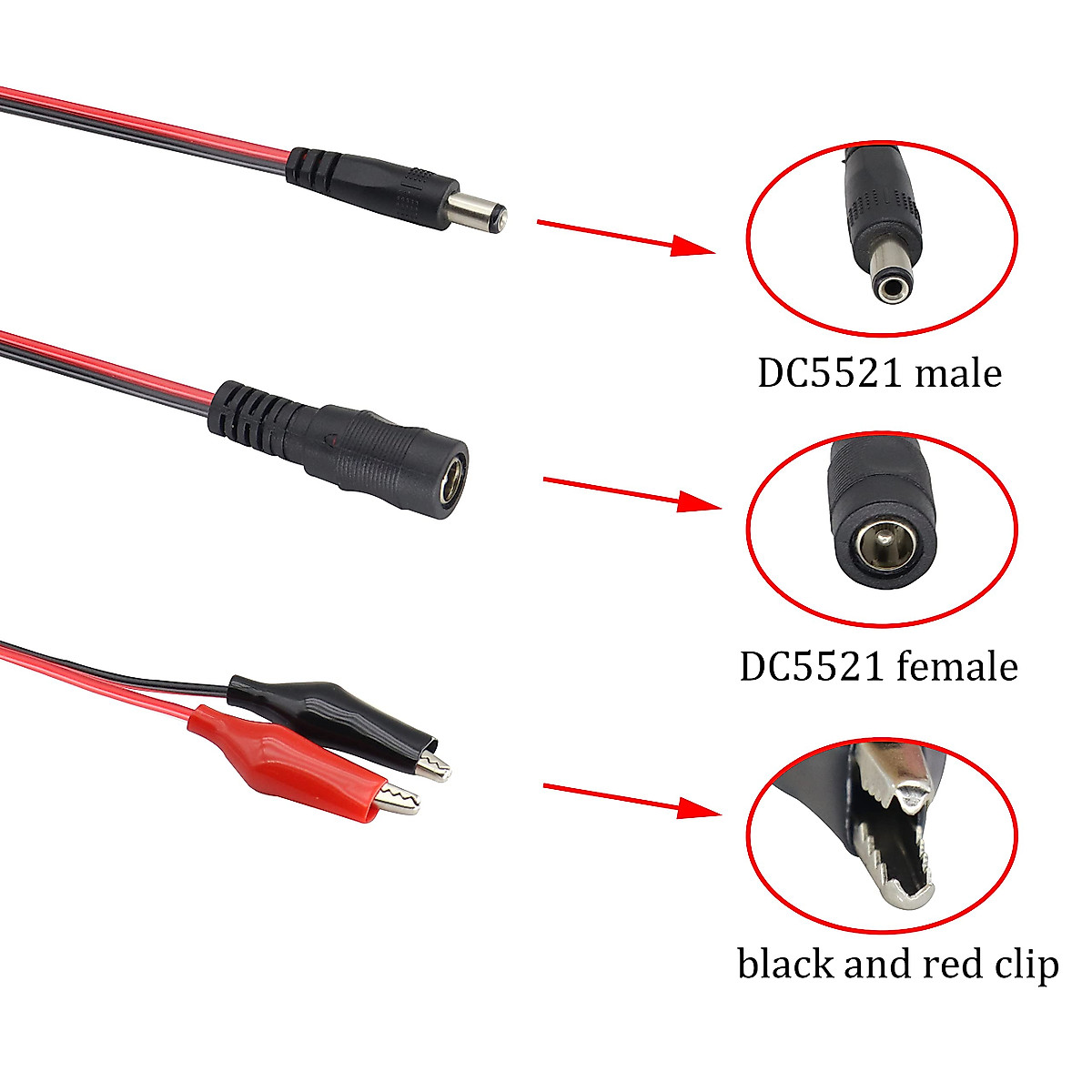 HCFeng DC Plug Power Adapter Cable, 12V DC Male/Female Jack to Alligator Clip Power Cable DC5521(5.5mmx2.1mm) Cable with Double Alligator Clips for CCTV Camera and Lighting[4pack /50cm]