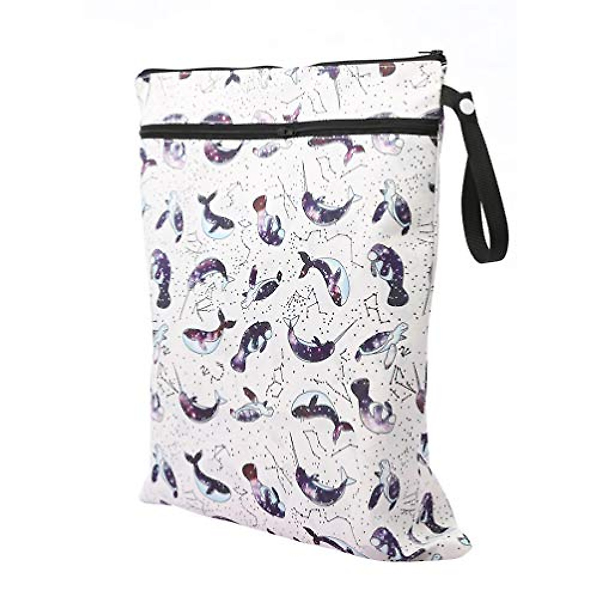 Cloth Diaper Wet Dry Bags, 16x13 inch Waterproof and Reusable Nappy Organizer Bag with Two Zippered Pockets for Swimsuits or Wet Clothes (White)