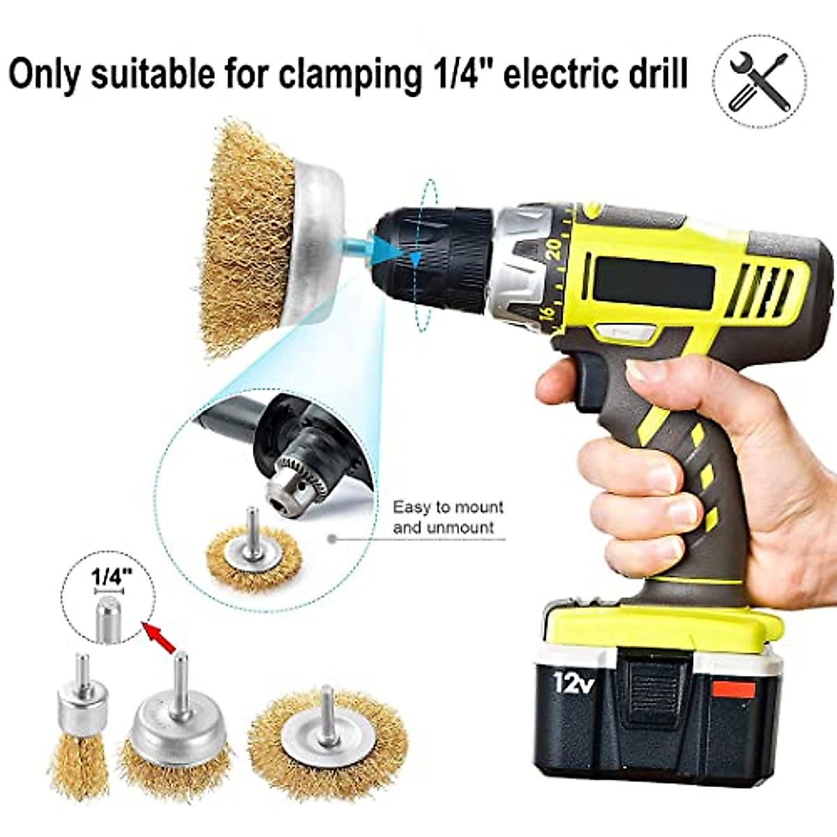 Wire Wheel Brush Cup Brushes Set,23 Pack Steel Wire Brush Kit for Drill 1/4-Inch Shank 0.012-Inch Brass Coated Carbon Crimped for for Polishing,Deburring,Degreasing and Corrosion Removal