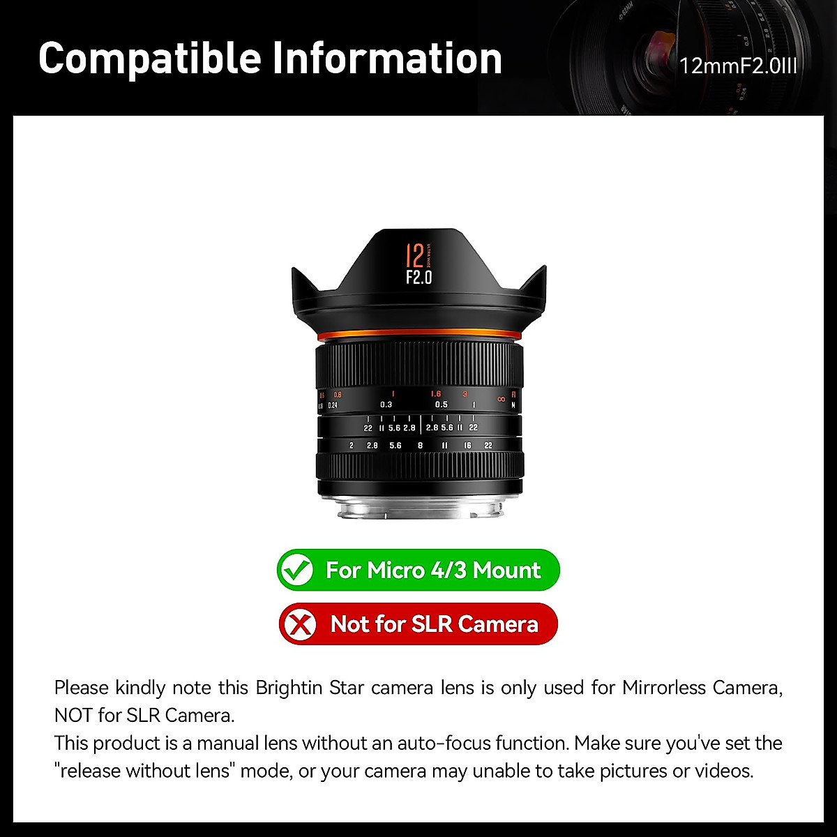 Brightin Star 12mm F2 Manual Focus Prime Lens for Panasonic Olympus Micro 4/3 Mirrorless Cameras, MFT APS-C Ultra-Wide Angle Large Aperture, Fit for LUMIX G7, G7KS, GX85, GX9, G95, GH5, GH6, G100, G9