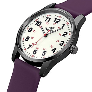 SUDESMO Women's Nurse Watch - Waterproof, Easy to Read with Second Hand, Silicone Band, Luminous - Black, Purple