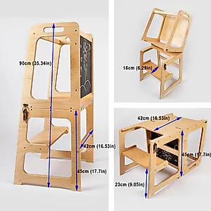 Foldable Montessori helper tower - Table & Chair with Chalkboard All-In-One (Natural lacquered)