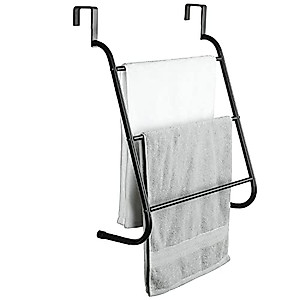 MyGift Modern Black Metal Over The Door Triple Bar Towel Holder Rack and Clothes Drying Hanger, Space Saving Bathroom Laundry Room Hanging Rack