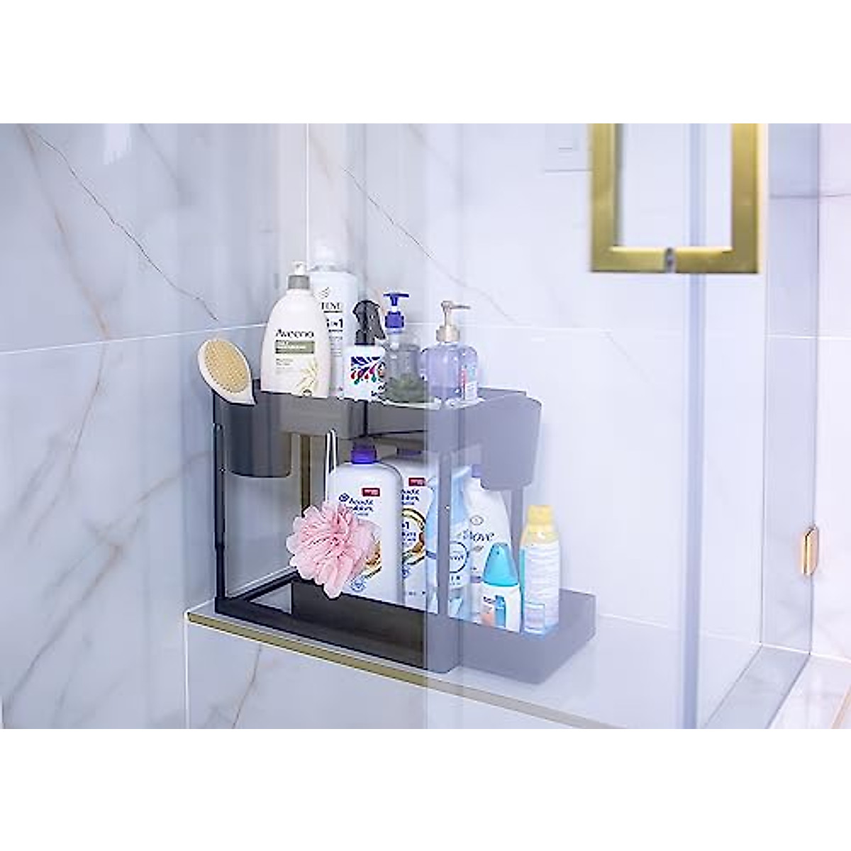 evismo 2-Tier Under Sink Organizer, Bathroom & Kitchen Multipurpose Cabinet Storage, with Pull-out Sliding Drawer, Hooks & Hanging Cups, Adjustable Height, Cabinet Organizer, Black