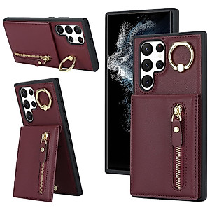 Jaorty for Samsung Galaxy S22 Ultra 5G Phone Case for Women with Card Holder,Galaxy S22 Ultra Case Wallet Crossbody Lanyard with Strap,Credit Card Slots Kickstand Case with Ring Holder,6.8",Burgundy