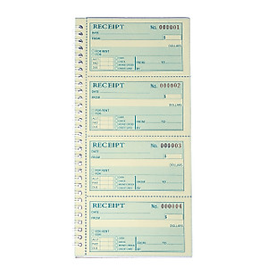 Receipt Book with Carbon Copies,Money and Rent Receipt Book,2-Part Carbonless,5.31" x 11.22",Spiral Bound,200 Sets per Book,4 Receipts per Page.