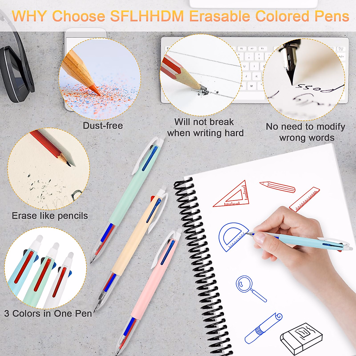 6 PCS 3-in-1 Multicolor Erasable Gel Pens, Erasable Multicolor Ballpoint Pen for Make Mistakes Disappear,0.5mm Ink Gel Pens Quick-drying Rolling Ball Pens with Eraser,3-Color Retractable Erasable Pens