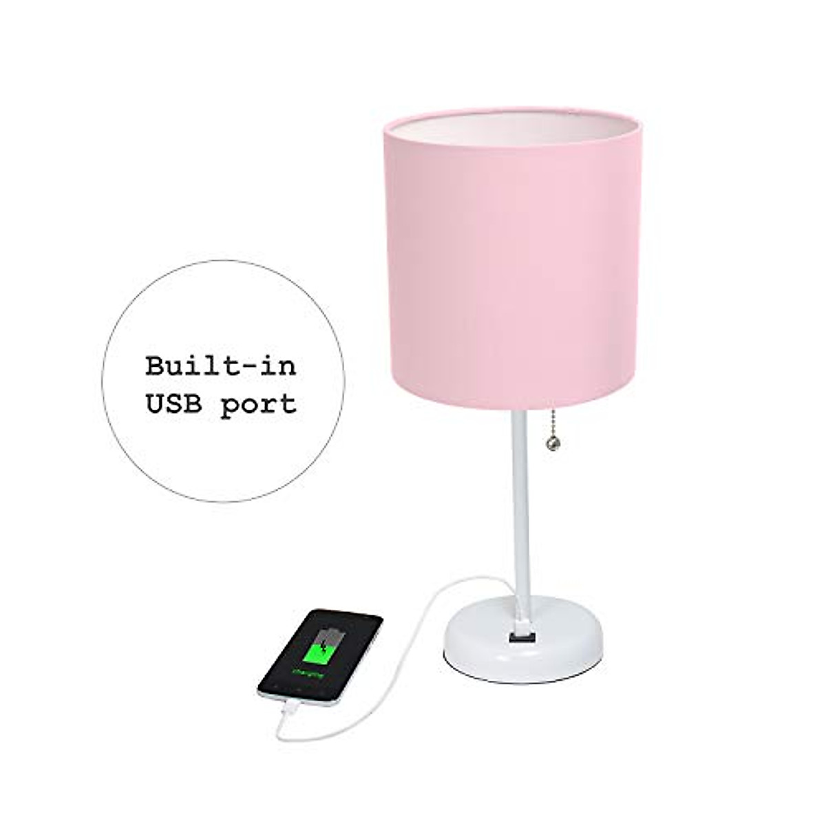 Limelights LT2044-POW Stick USB Charging Port and Fabric Shade Table Lamp, White/Light Pink,8.5 x 8.5 x 19.5