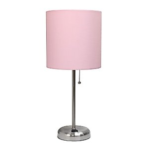 Simple Designs LT2024-LPK Brushed Steel Stick Table Desk Lamp with Charging Outlet and Drum Fabric Shade, Light Pink