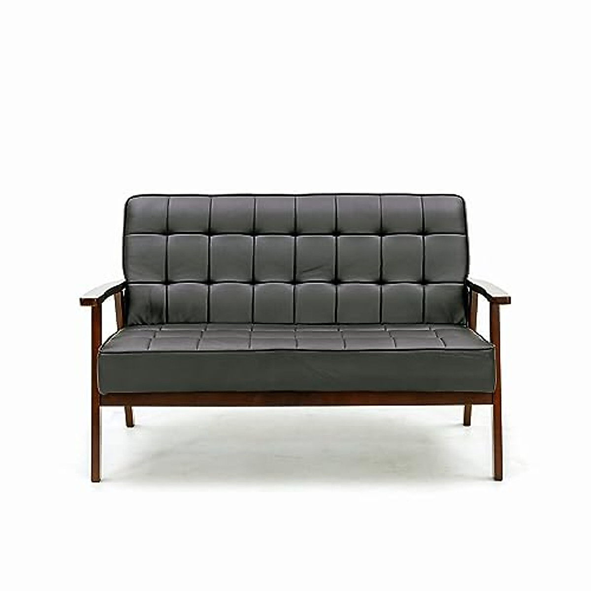 Panana 2 Seats Loveseat Sofa Couch Living Room Wood Frame Furniture, 2 Seater Sofa Armchair Two Seat Sofa Chair, Black Artificial Leather Upholstered Wooden Armrest Love Seats Small Sofa