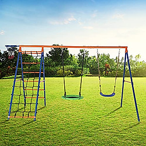 Ktaxon 5in1 Swing Set for Backyard, 550lbs Heavy-Duty Swings Set W/Saucer and Belt Swing Seat, Climbing Net & Ladder, Basketball Hoop, Playground Swing Sets with A-Frame Stand
