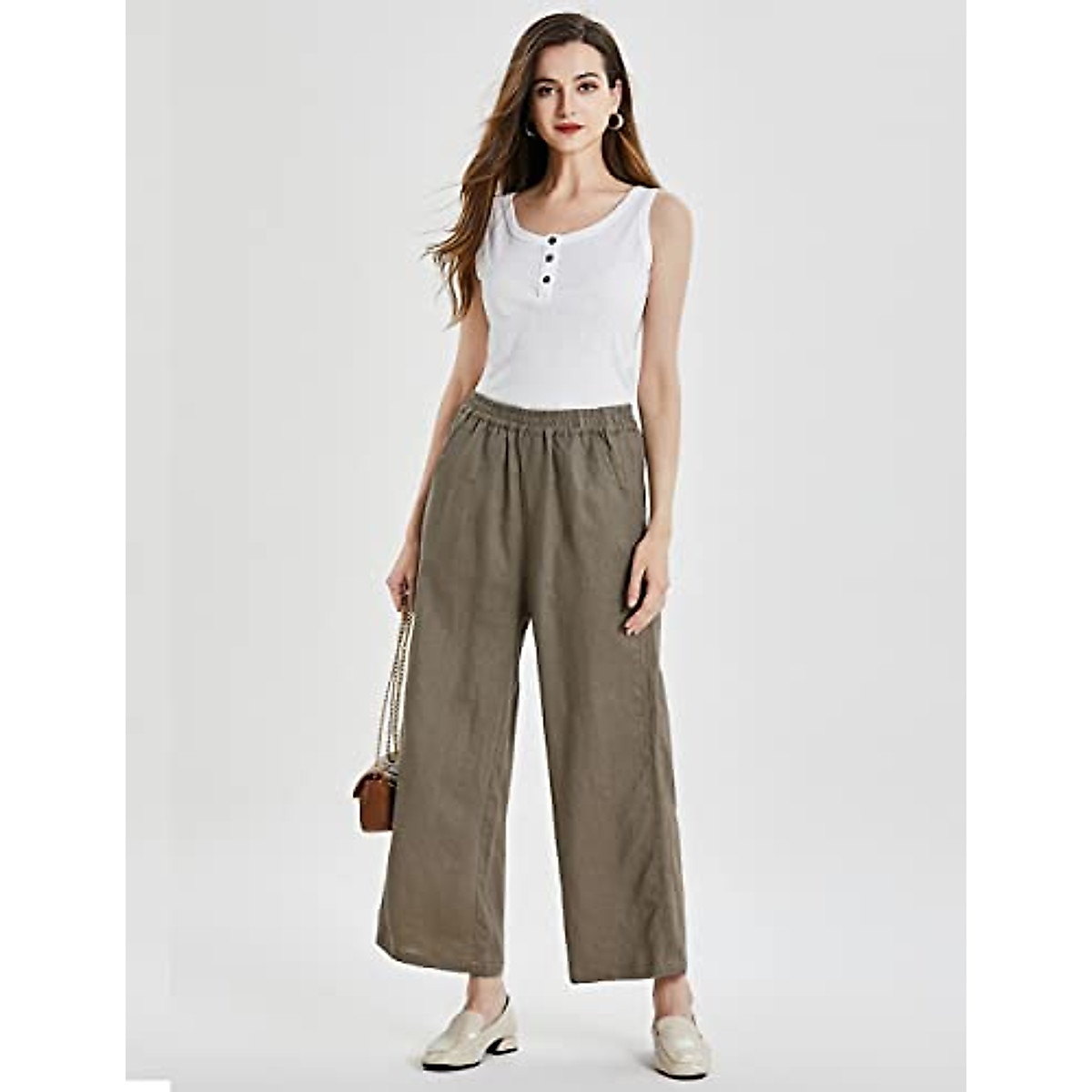 IXIMO Women's 100% Linen Pants Elastic Pleated Wide Leg Straight Fit Palazzo Pants Capri Style_ Dark Khaki XL