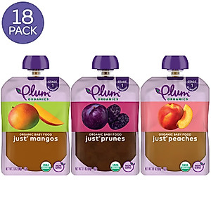 Plum Organics Stage 1 Organic Baby Food - Just Mangos, Just Prunes, and Just Peaches Variety Pack - 3.5 oz Pouch (Pack of 18)