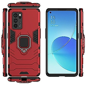 SATURCASE Case for Oppo Reno 6 Pro 5G, Ring Kickstand Hybrid 2 in 1 [PC & Silicone] Dual-Layer Bumper Shockproof Protective Cover for Oppo Reno 6 Pro 5G (HZ-Red)