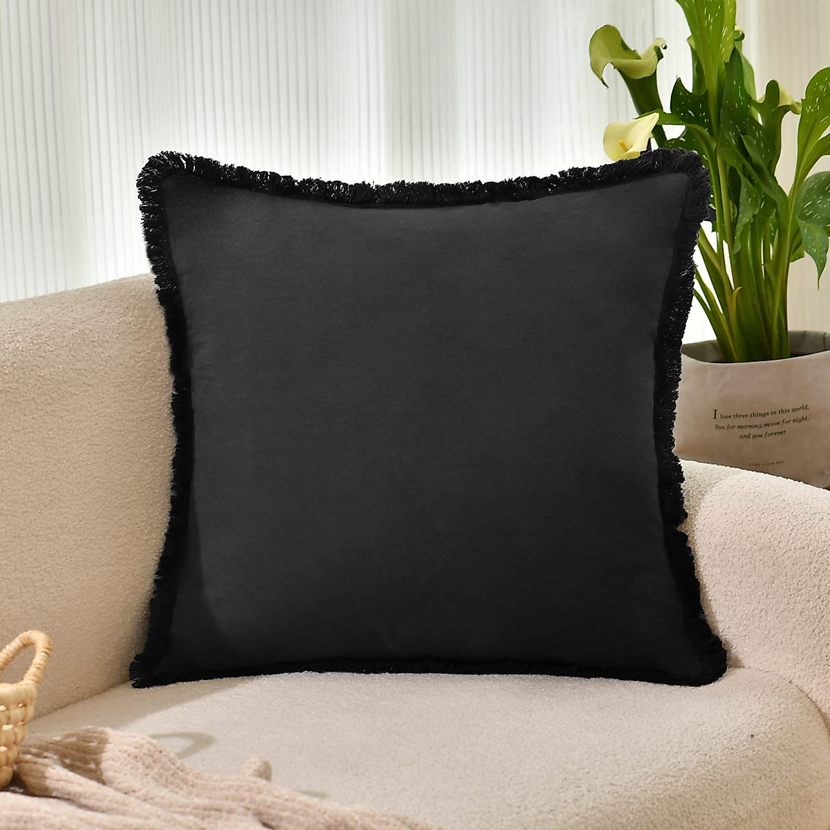 ZWJD Pillow Covers 18x18 Set of 2 Black Throw Pillow Covers with Fringe Chic Cotton Decorative Pillows Square Cushion Covers for Sofa Couch Bed Living Room Farmhouse Boho Decor