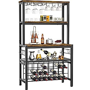 Unikito Wine Rack Table, Modern Freestanding Floor Liquor Bar Table Cabinet with Glass Rack Bottle Shelf, Industrial Wine Bar Cabinet with Storage and Hook for Home Kitchen Dining Room, Rustic Brown