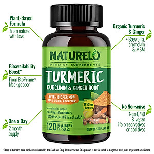 NATURELO Turmeric Curcumin - BioPerine for Better Absorption - Curcuminoids, Black Pepper, Ginger Powder - Plant-Based Joint Support - 120 Vegan Capsules