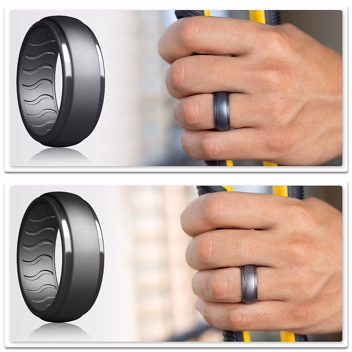 Dookeh Breathable Mens Silicone Wedding Rings, Rubber Ring Bands For Men, Black Blue Camo Engagement Band, Best for Workout, 1-4-7 Pack (W3-Titanium,Dark Gray,Cast Iron,Black, 10)