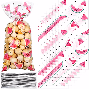 Zonon 100 Pieces Watermelon Treat Bags cellophane bags watermelon party bags Plastic Candy Bag Pink with 100 Silver Twist Ties for Summer Beach Watermelon Birthday Party Baby Shower Supplies