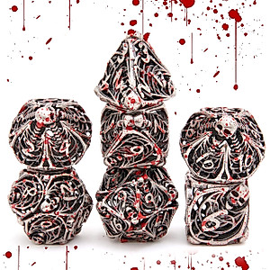 qile DND Hollow Metal dice Skeleton bloodstain 7-Piece Set, Suitable for Dungeon and Dragon RPG Board Games, D &D Pathfinder and Teaching, etc。